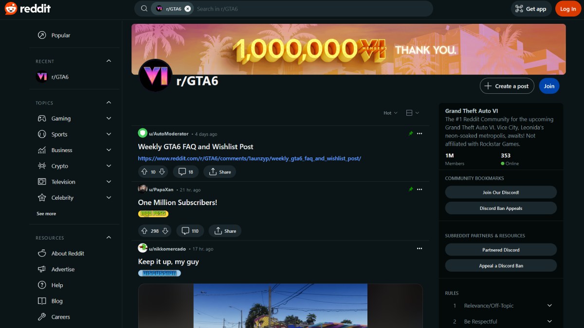 The GTA 6 Reddit Community Hits 1 Million Members, Surpasses GTA 5 ...