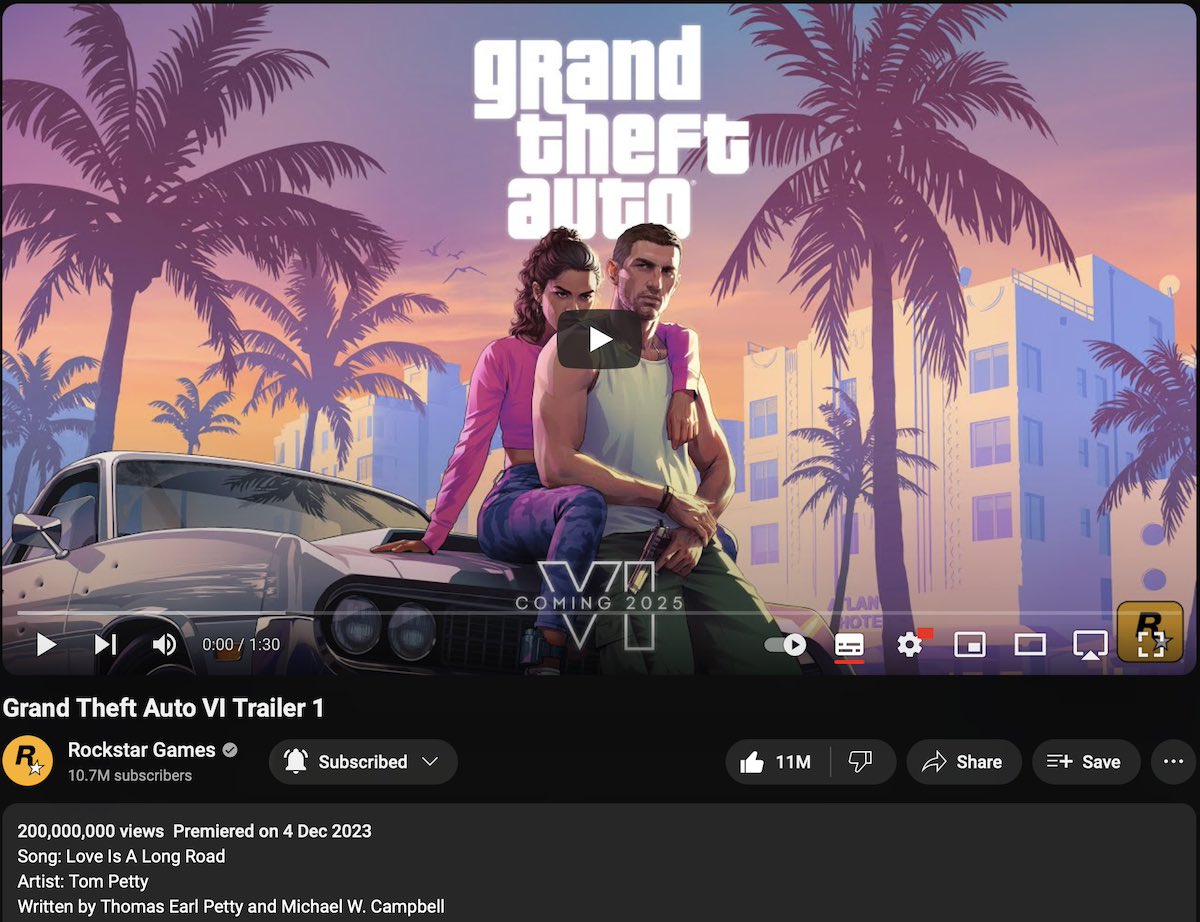 GTA 6 Trailer 1 Reaches 200 Million Views After Just 7 Months